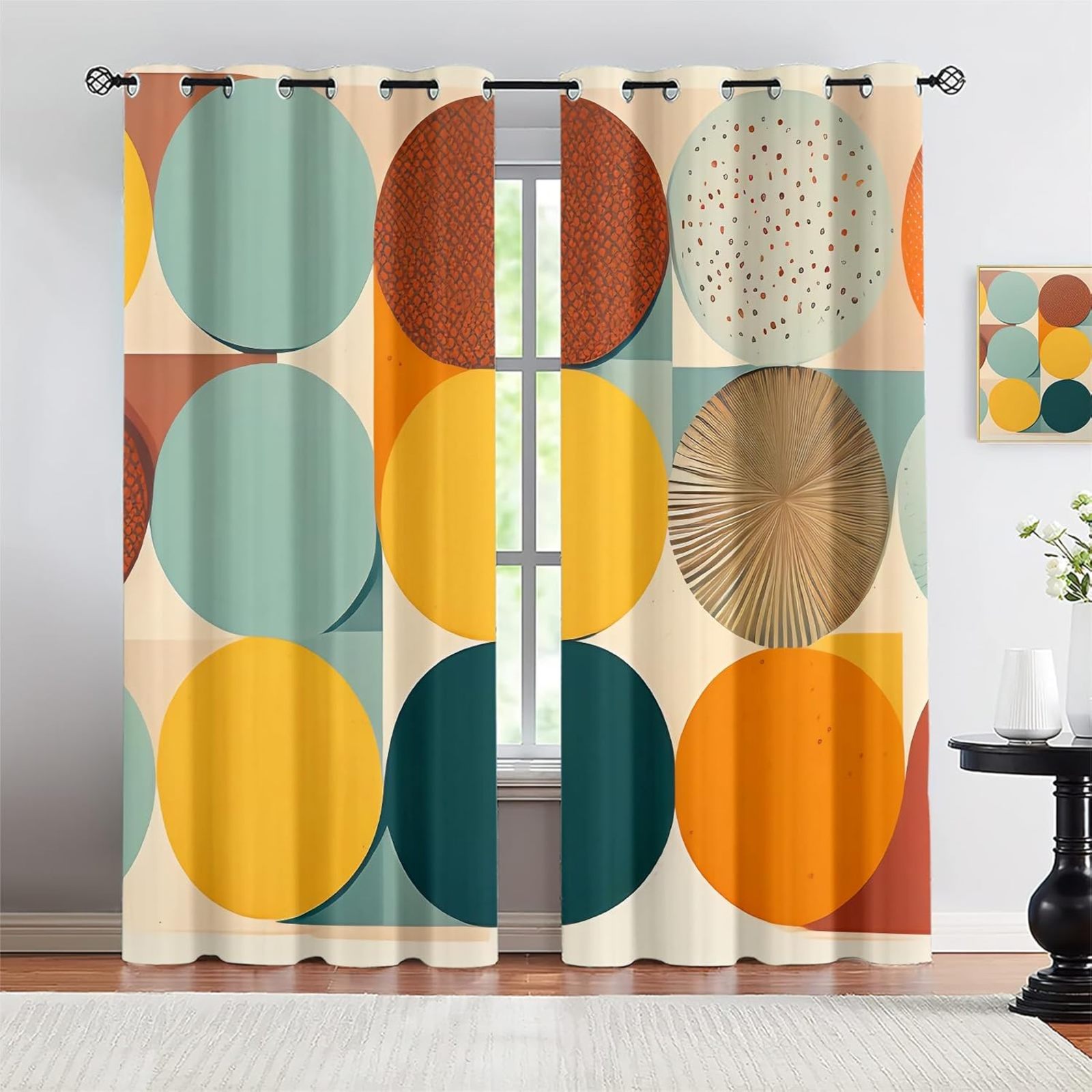 Medieval Abstract Geometry Blackout Curtains, Vintage Orange Blue Art ...