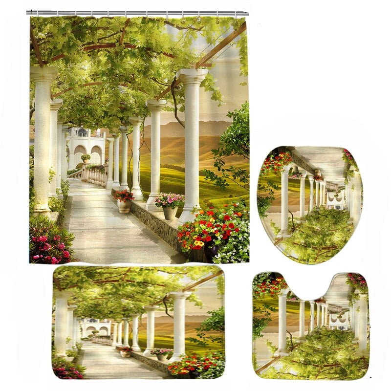 Medieval Arch Garden Scenery Bathroom Curtains Set Green Plant Flower ...