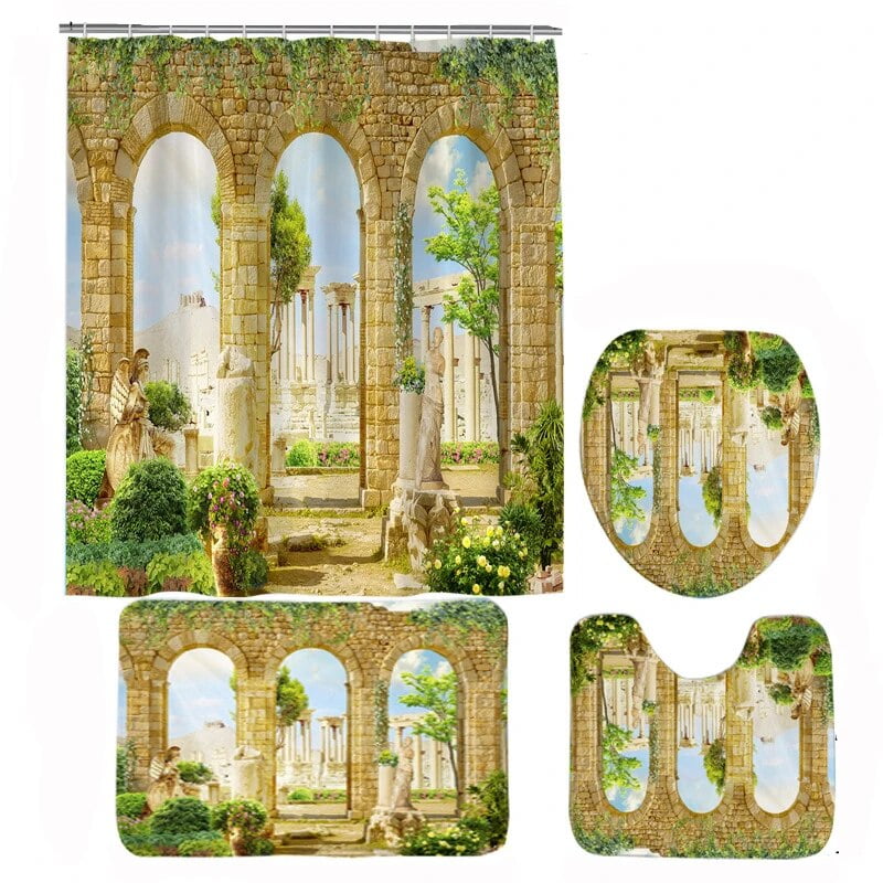 Medieval Arch Garden Scenery Bathroom Curtains Set Green Plant Flower ...