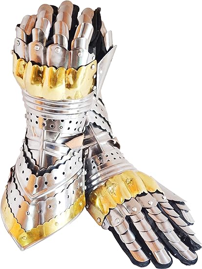 Medieval Articulated Gauntlets Gloves with Brass Work Silver Silver ...