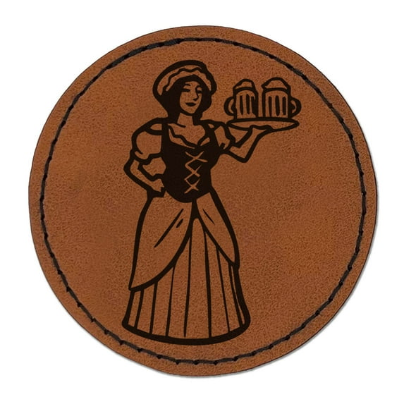 Medieval Barmaid Tavern Woman Ale Beer Round Iron-On Engraved Faux ...