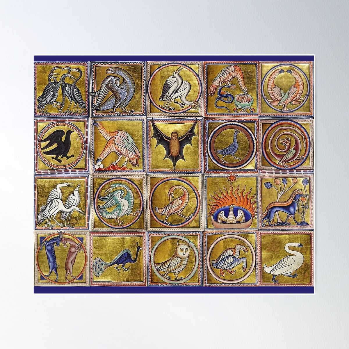Medieval Bestiary, Fantastic Animals In Gold Red Blue Colors Poster ...