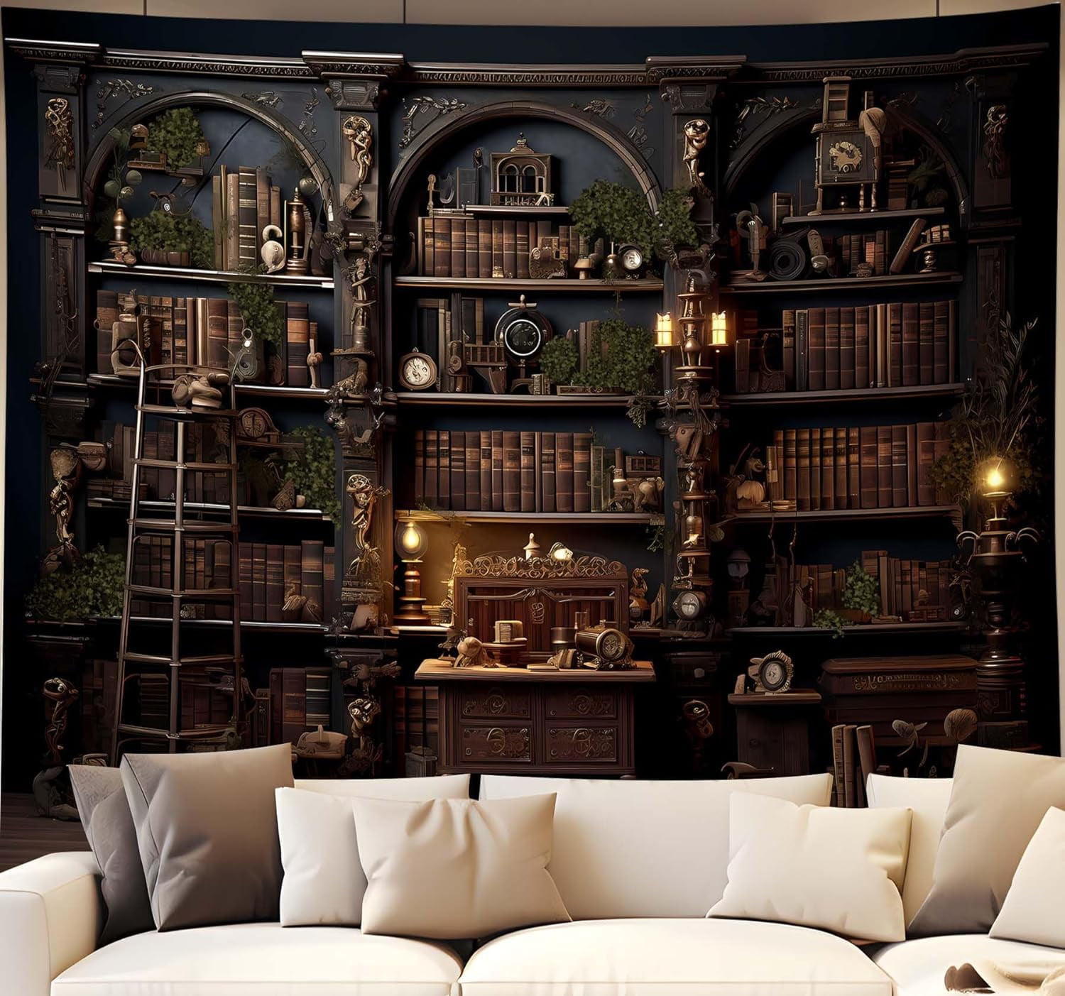 Medieval Bookcase Tapestry, Vintage Gothic Bookshelf Backdrop Spooky ...