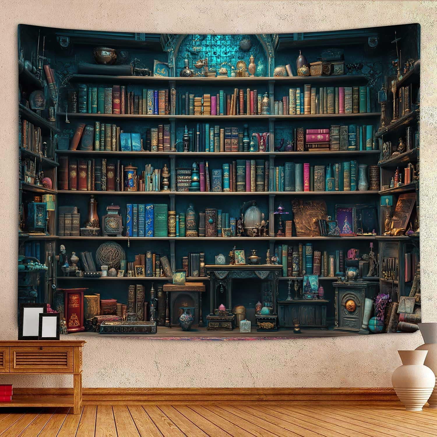 Medieval Bookshelf Tapestry, Blue Academia Old Library Wall Hanging ...