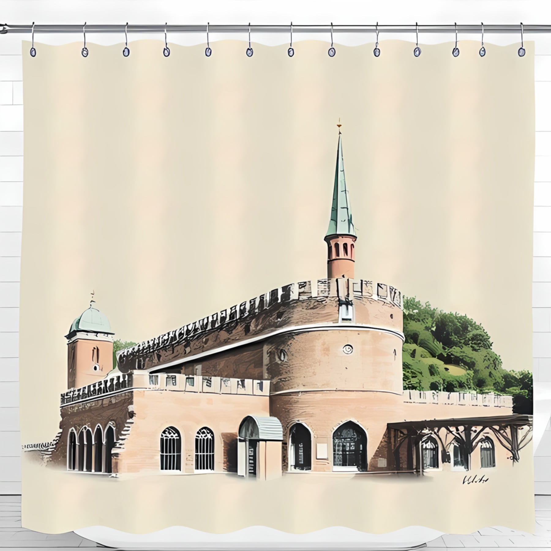 Medieval Castle Shower Curtain - Elegant Brick Design with Green Roofed ...