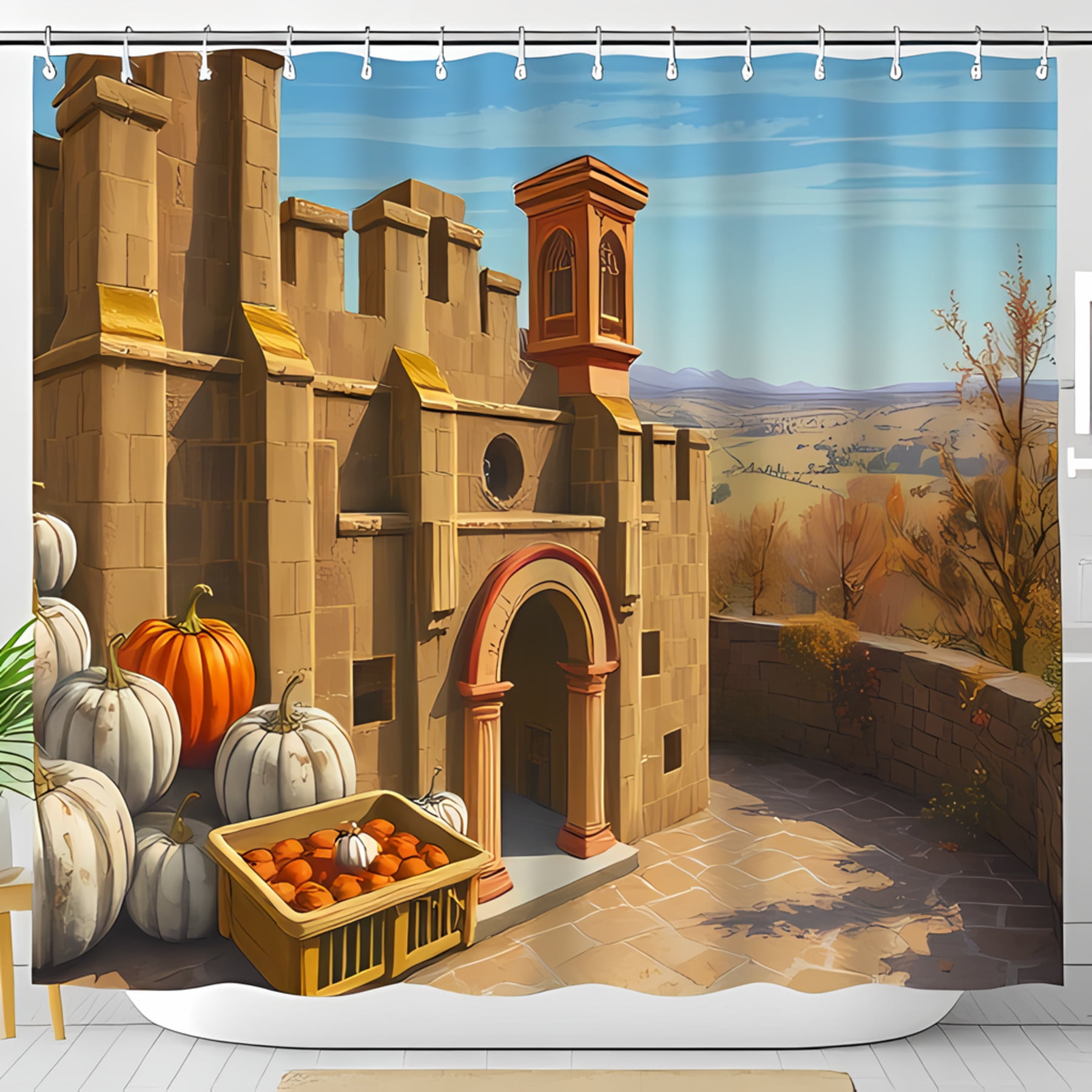 Medieval Castle Shower Curtain - Stone Facade Design with Battlements ...