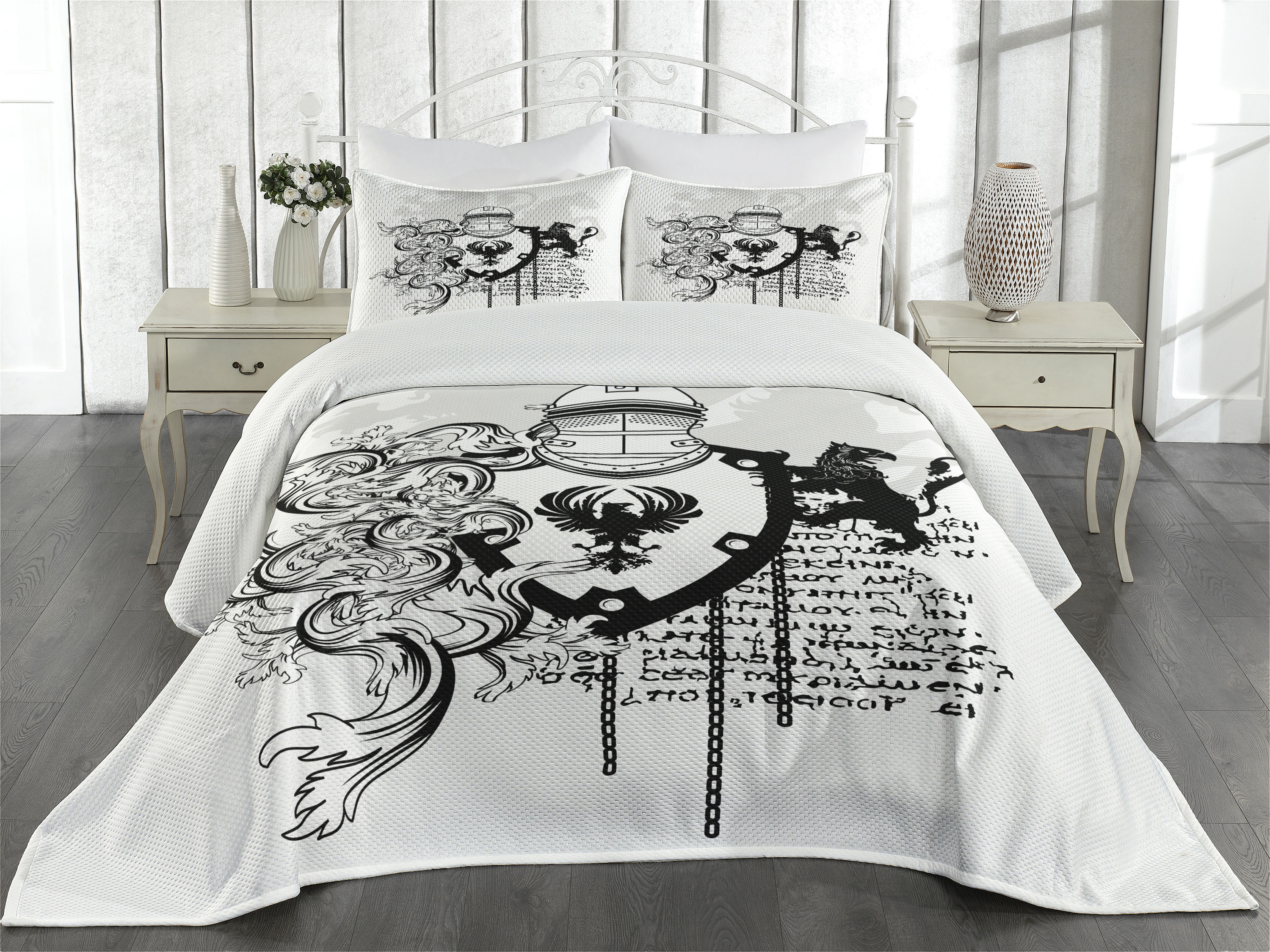Medieval Coverlet Set Queen Size, Heraldic Gear Coat of Medieval Knight ...