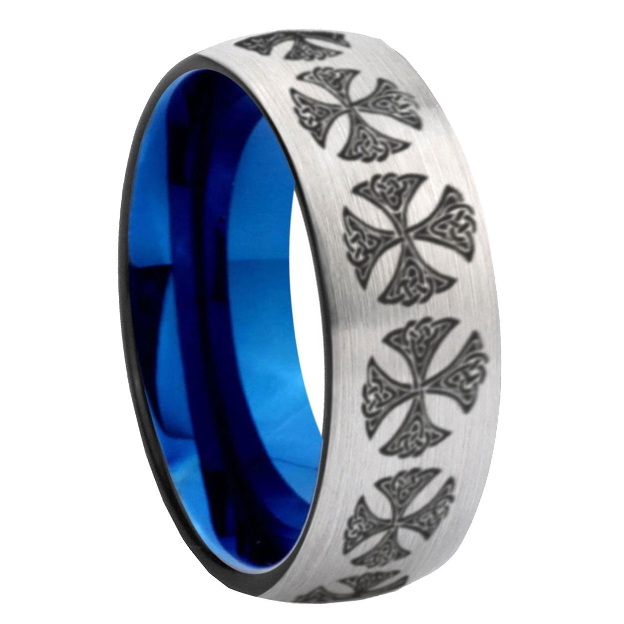 Medieval Cross 8MM Dome Gray and Blue Tungsten Men Ring - Walmart.com