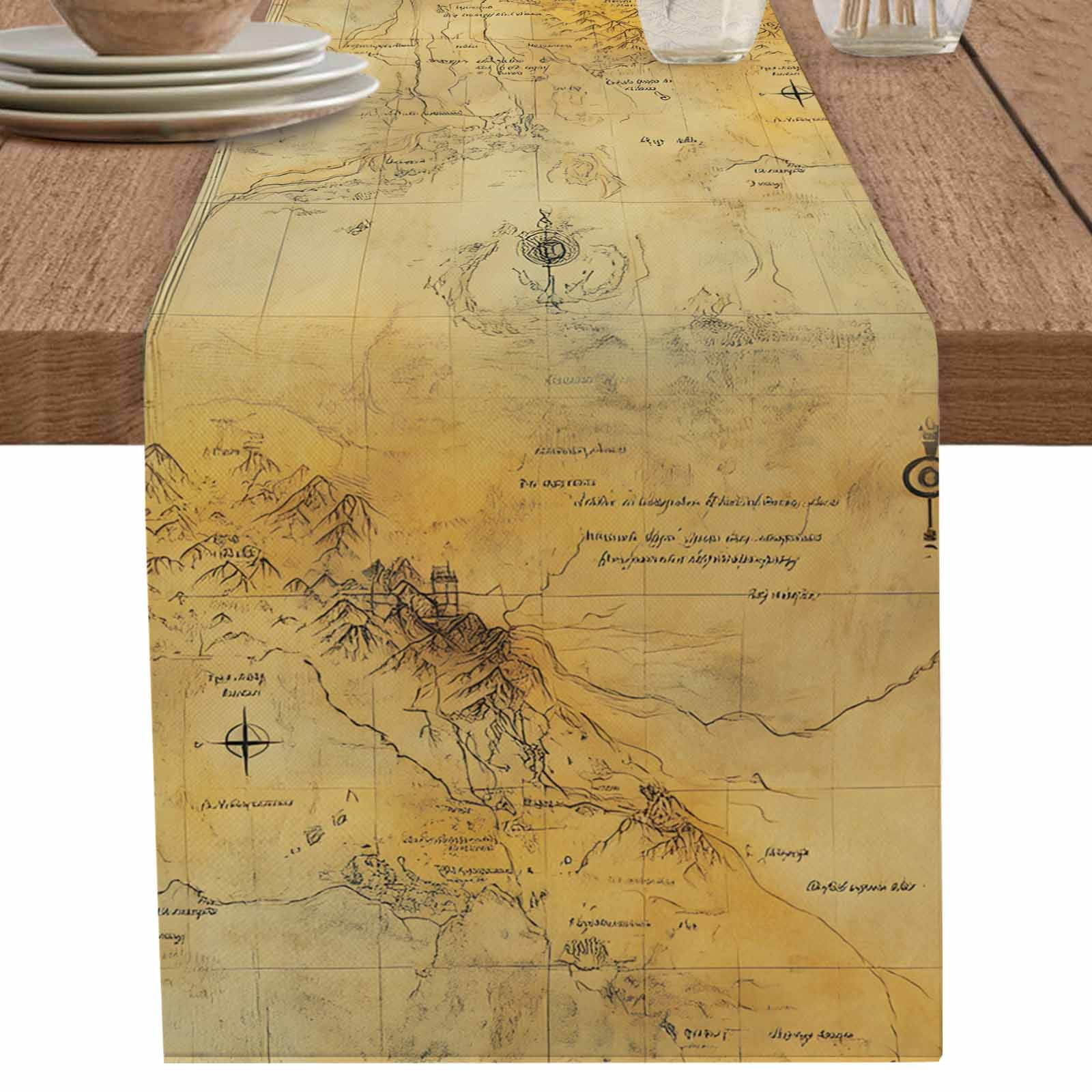Medieval Earth Map on Retro Table Runner-70 Inch Long Modern Abstract ...