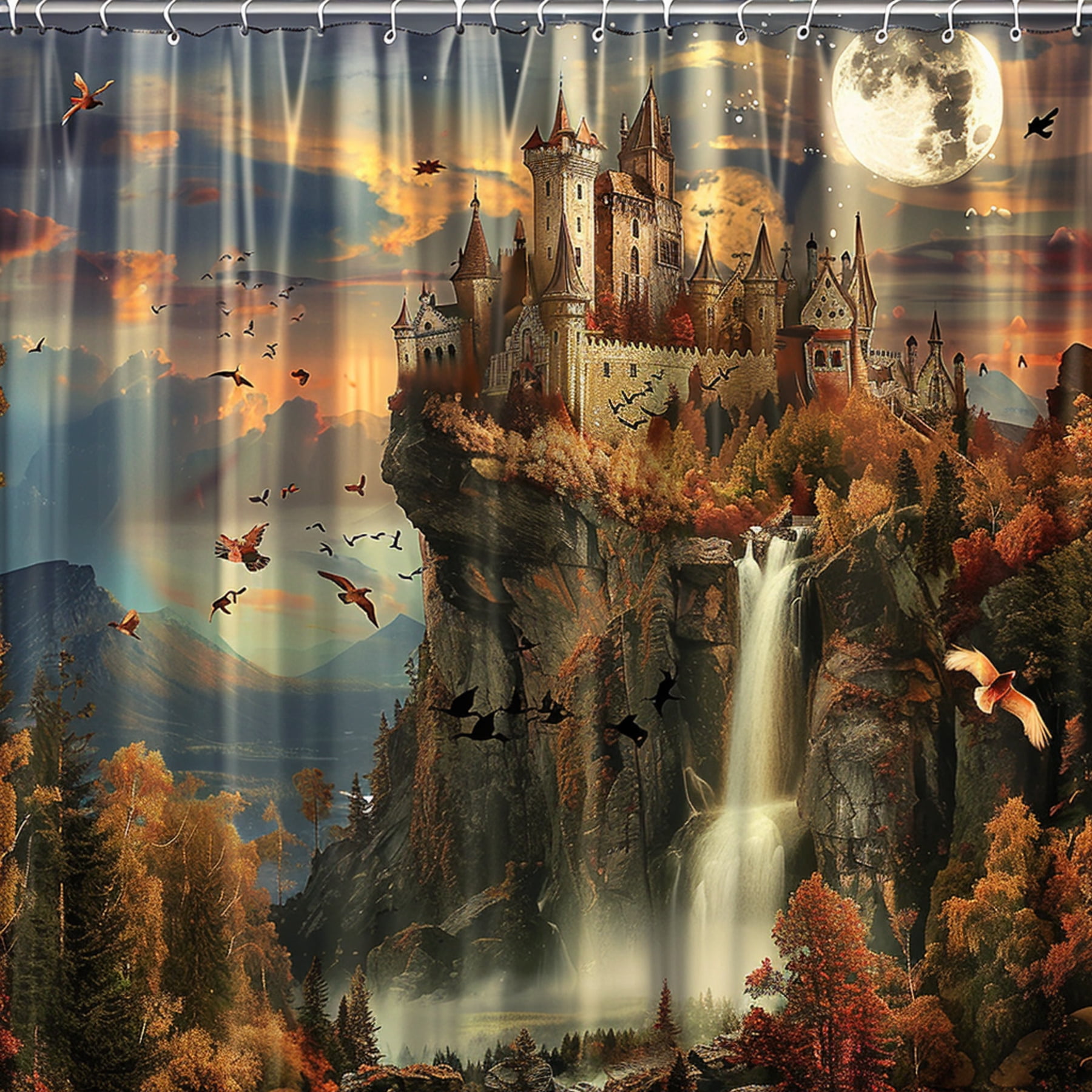 Medieval Fantasy Castle Mountain Waterfall Shower Curtain Vibrant ...