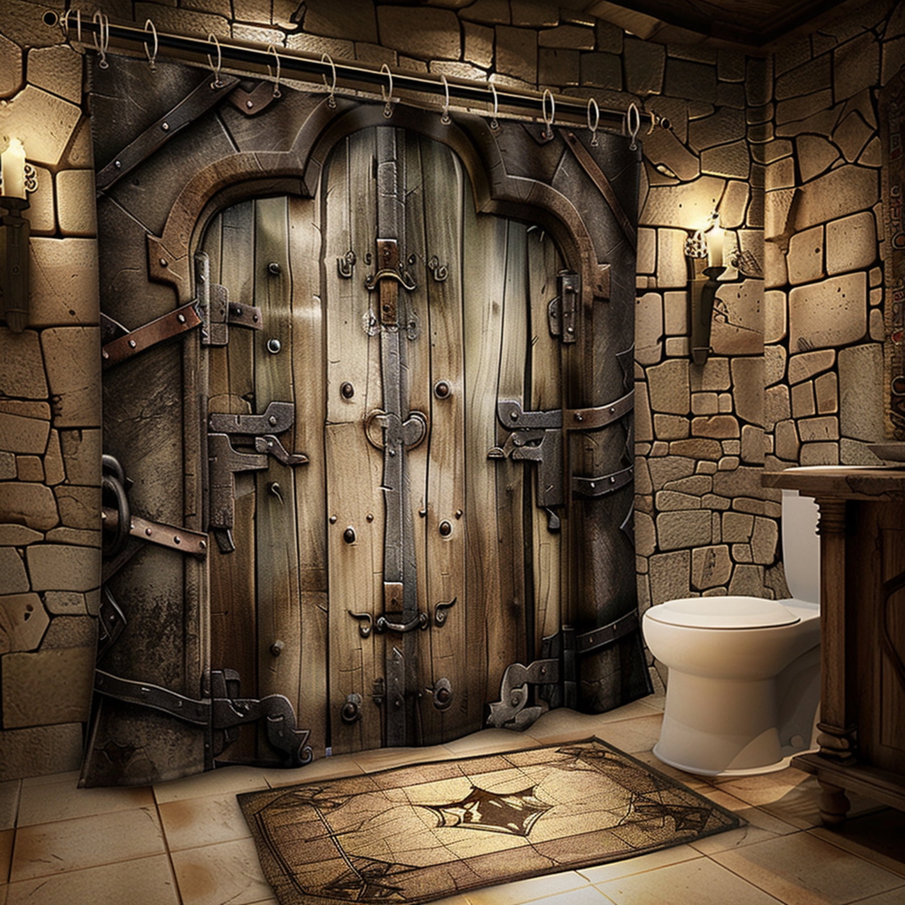 Medieval Fantasy Shower Curtain with Details and Stone Wall Design ...