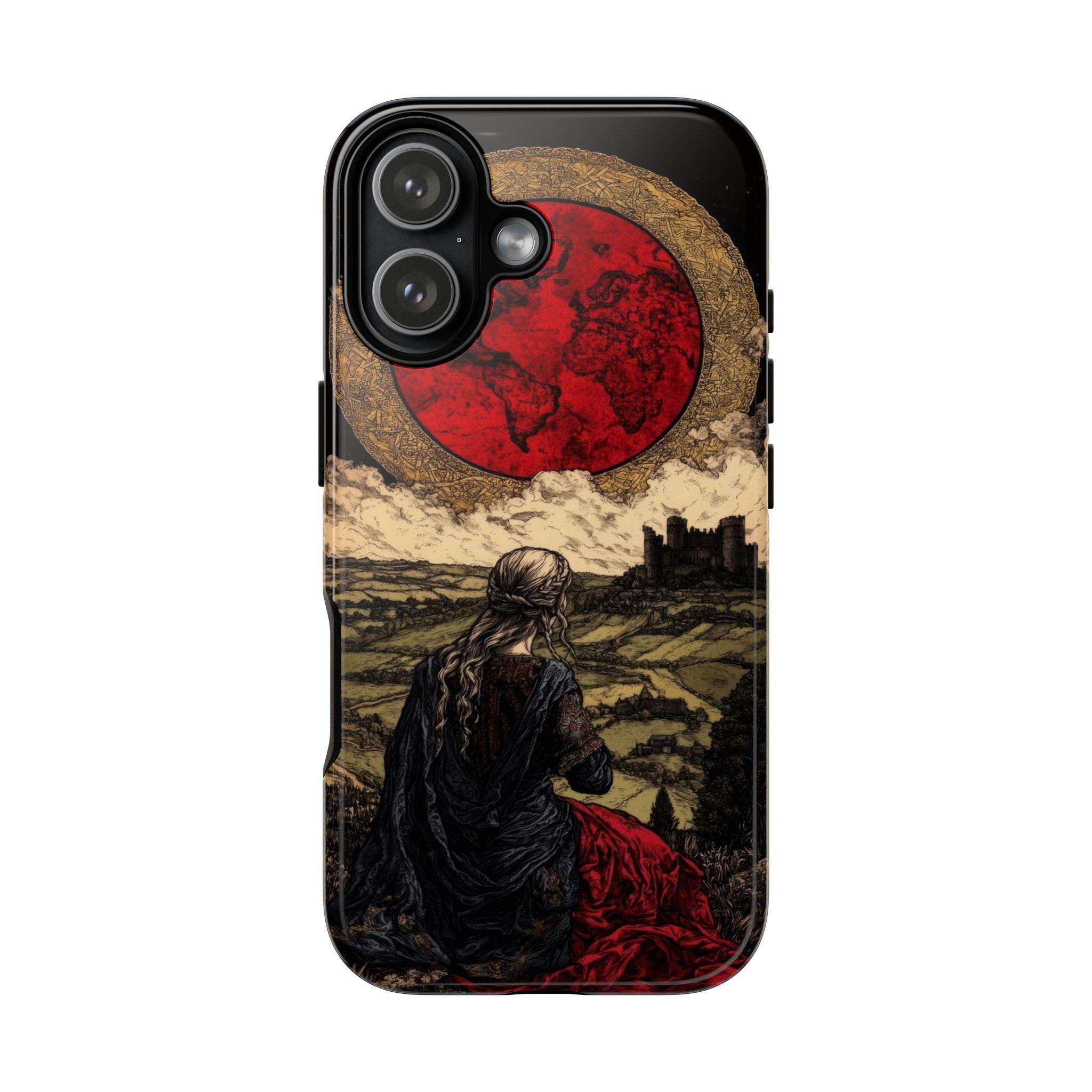 Medieval Fantasy Woman Phone Case Red Moon Landscape for iPhone 17 ...