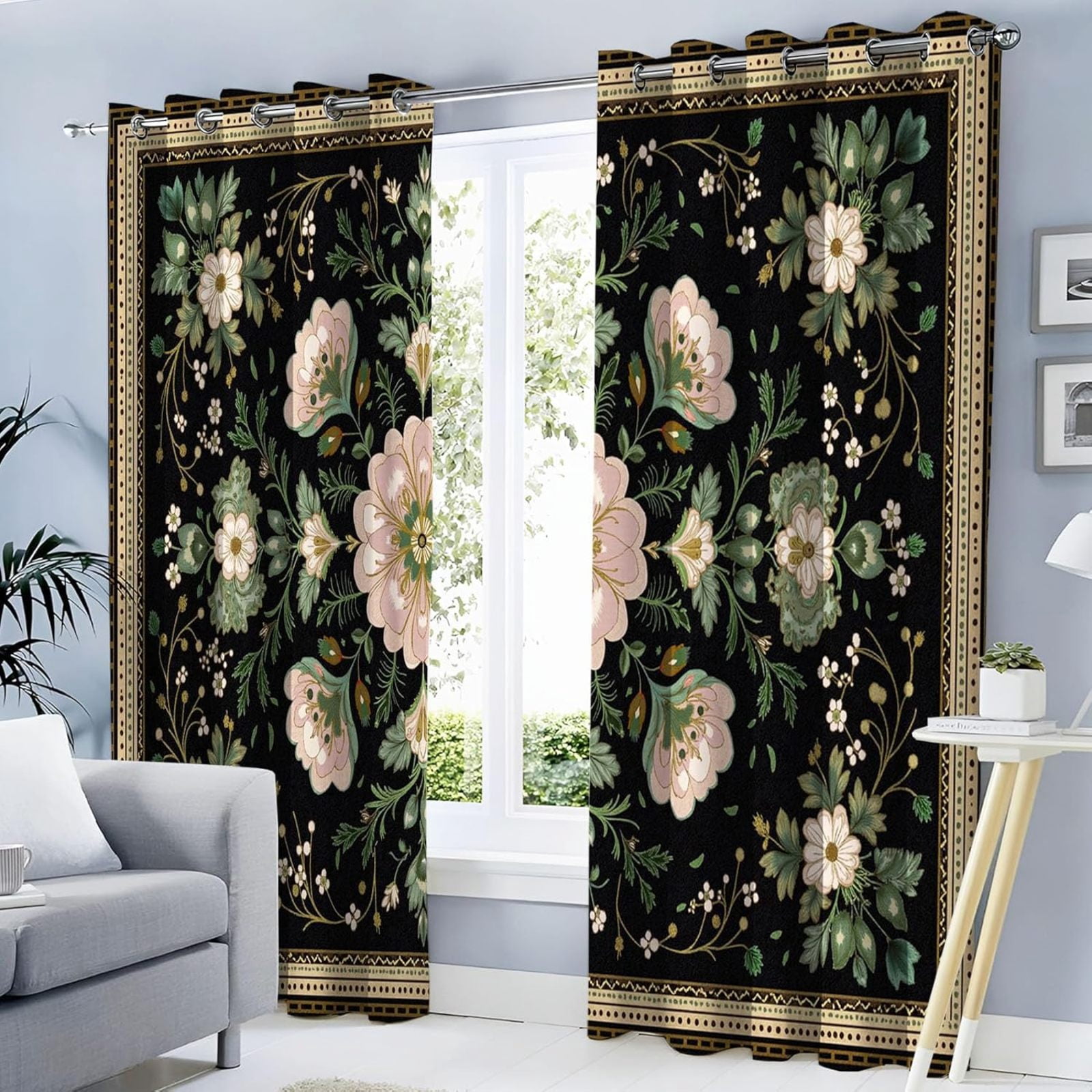 Medieval Flowers Blackout Curtains For Bedroom Living Room Black Plant ...