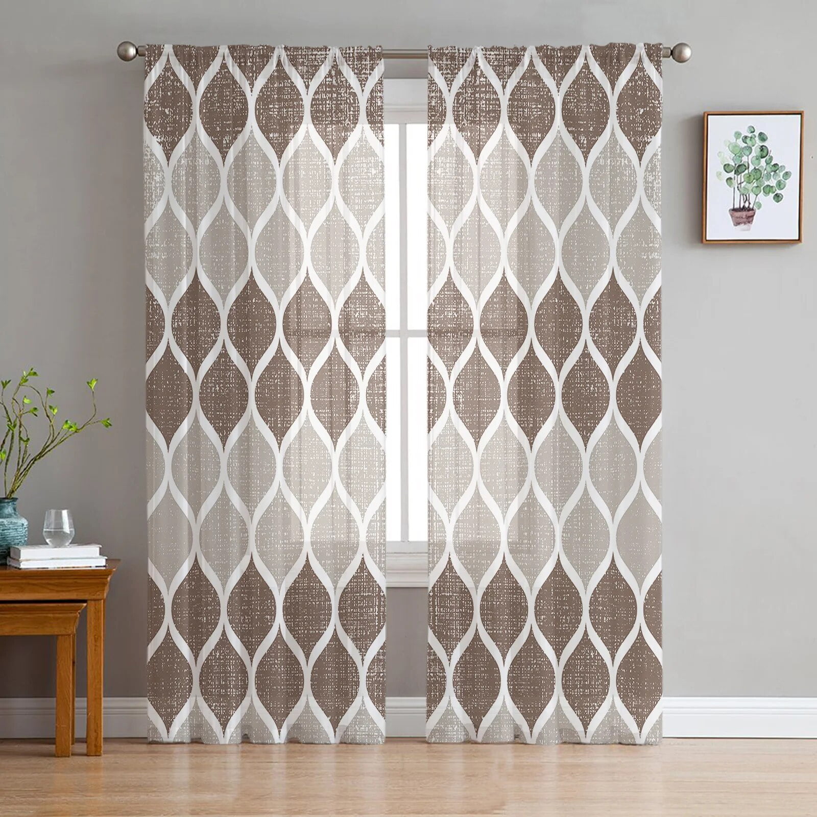 Medieval Geometric Brown Khaki Retro Tulle Curtains Living Room Kitchen ...