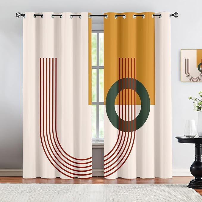 Medieval Geometric Lines Blackout Window Curtain, Red Stripe Art 3D ...