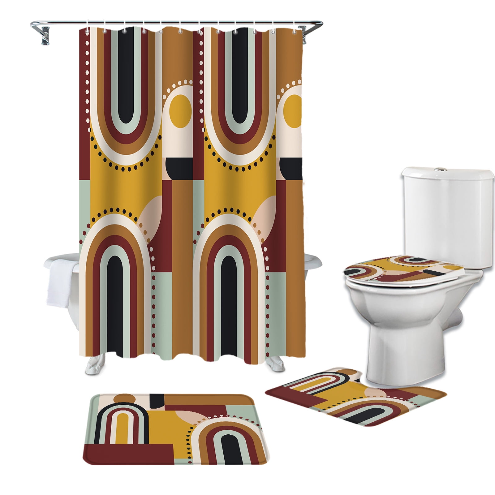 Medieval Geometry Abstract Colors Shower Curtain Sets Non Slip Rugs