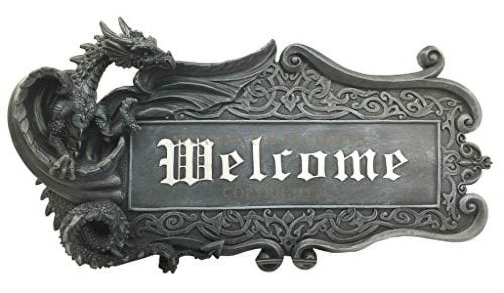 Medieval Gothic Dungeon Dragon Guarding Relic Welcome Sign Wall Mount ...