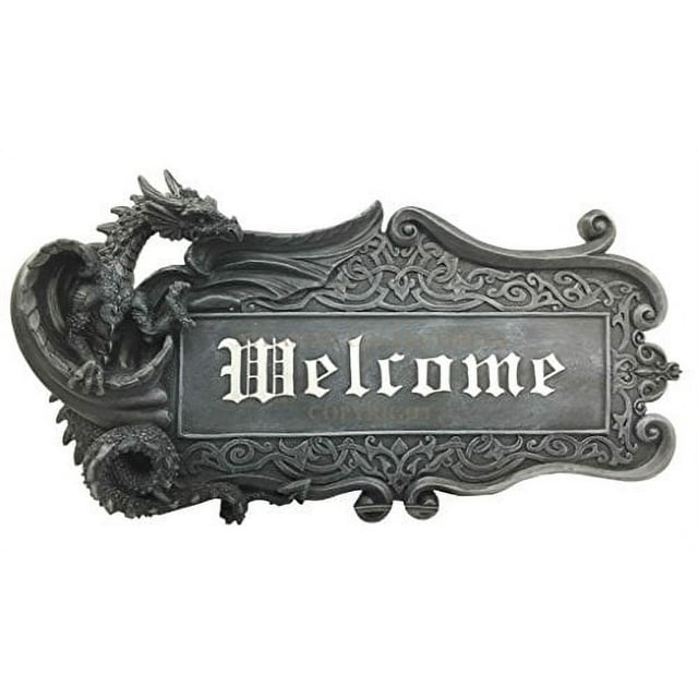 Medieval Gothic Dungeon Dragon Guarding Relic Welcome Sign Wall Mount ...