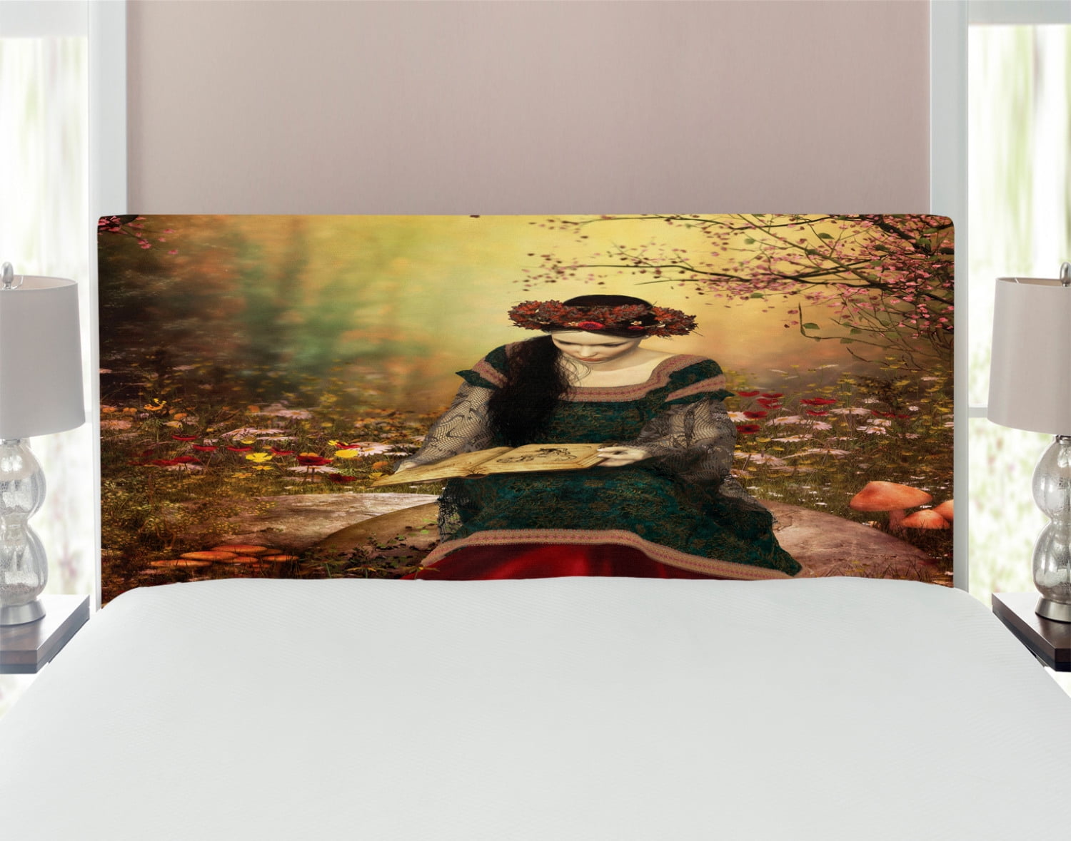 Medieval Headboard, Lady Sitting on Stone and Reading Book Forest ...