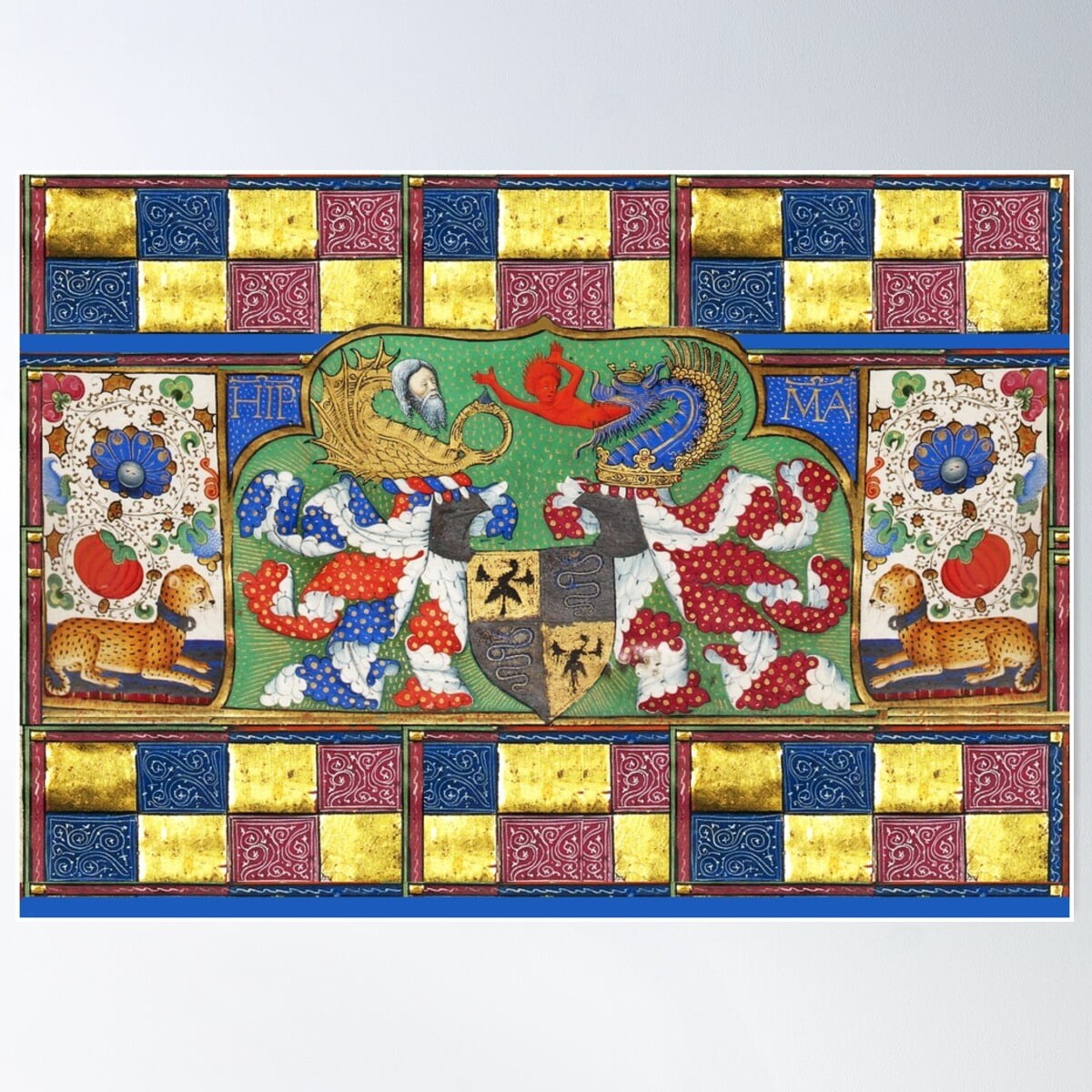 Medieval Heraldic,Coat Of Arms Sforza ,Dragon Helmets And Ghepards Poster Wall Art, Modern Wall ...