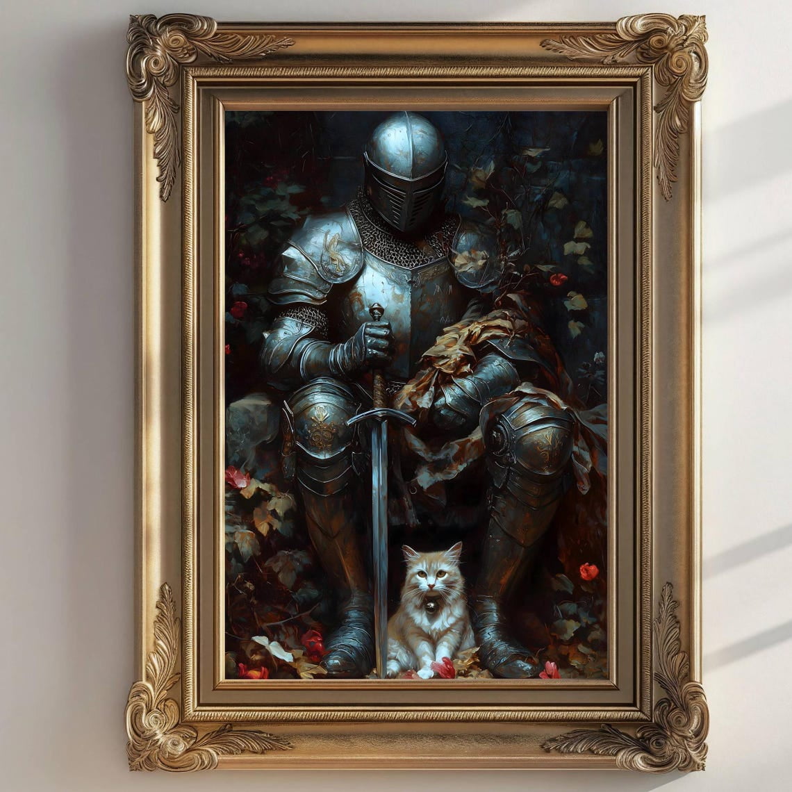 Medieval Knight With A Cat Art Print, Knightcore Fantasy Art, Fantasy ...