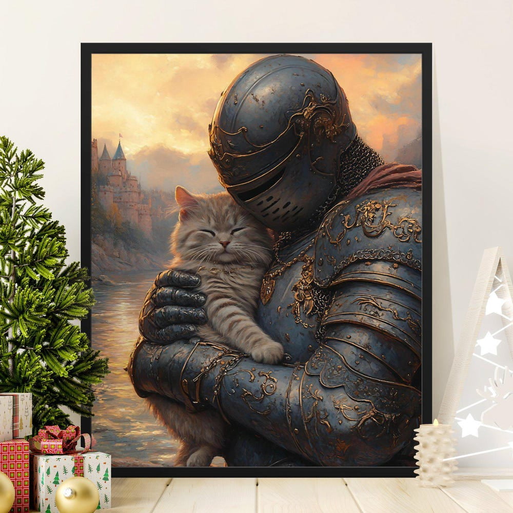 Medieval Knight Holding Cat Art Print, Fantasy Knight And Cat Poster ...