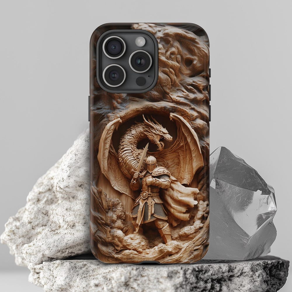 Medieval Knight Slaying Dragon 3D Wood Carved Phone Case for 17 16 15 ...
