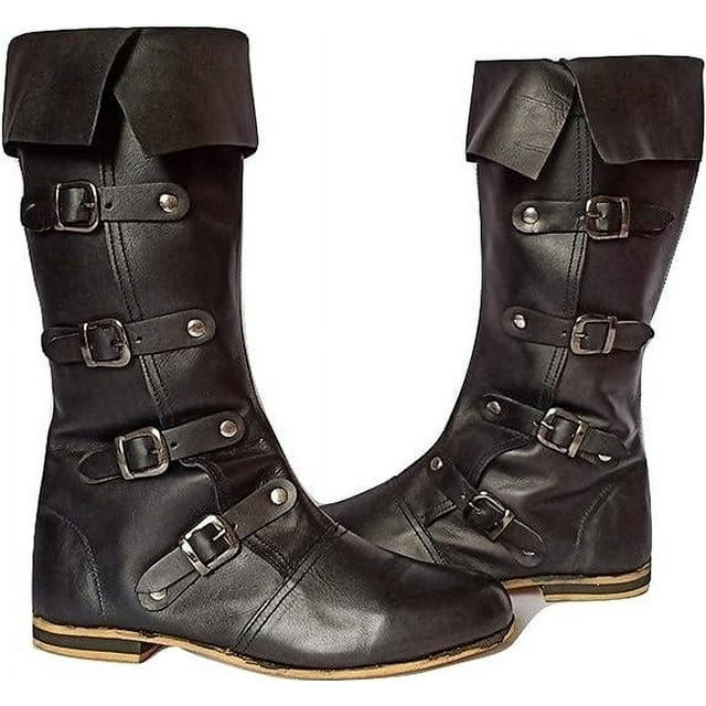 Medieval Leather Boots 4 Buckle | Renaissance Loafer Long Boot Pirate ...