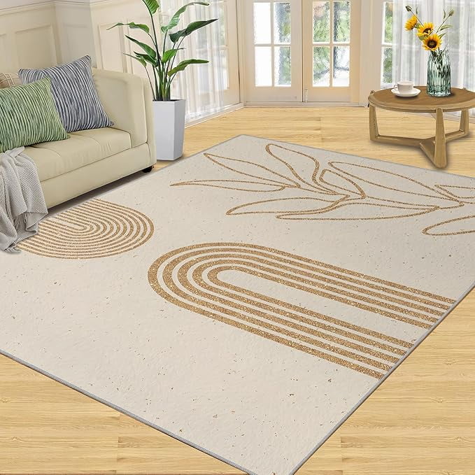 Medieval Minimalist Leaf Line Area Rug, Bohemian Abstract Art Beige ...