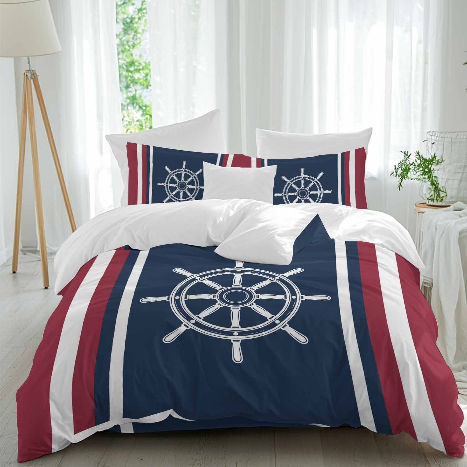 Medieval Nautical Ship Wheel Queen Size Bed Set,Vintage Red White ...