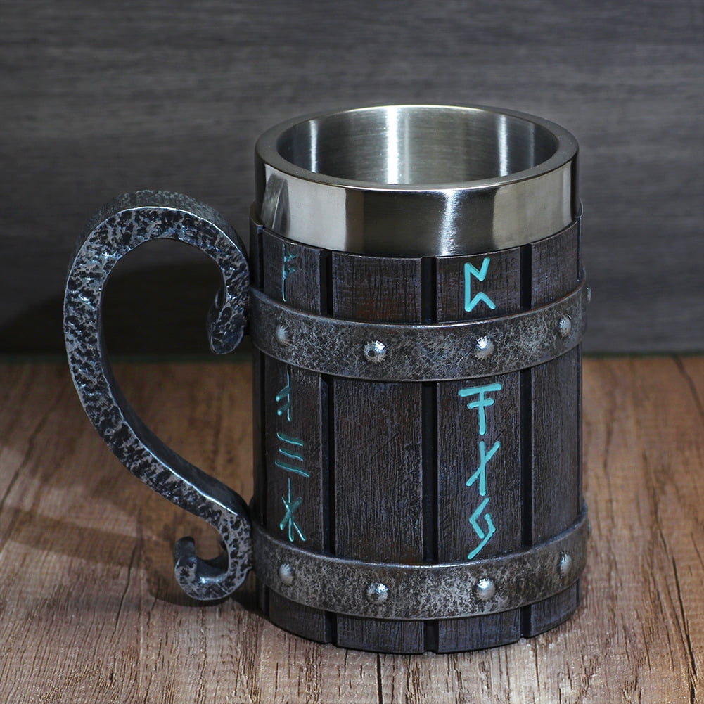 Medieval Norse Viking Oak Wooden Beer Mug Stein with Stainless Steel Liner,Nordic Viking Runes ...