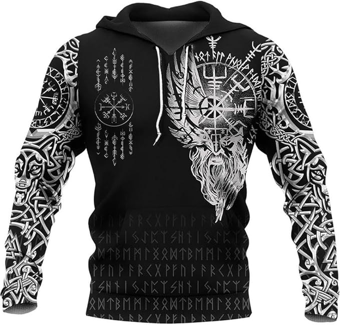 Medieval Novelty Harajuku Raven Rune Compass Odin Hoodie Norse ...