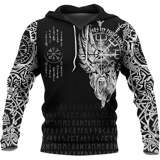 Medieval Novelty Harajuku Raven Rune Compass Odin Hoodie Norse ...