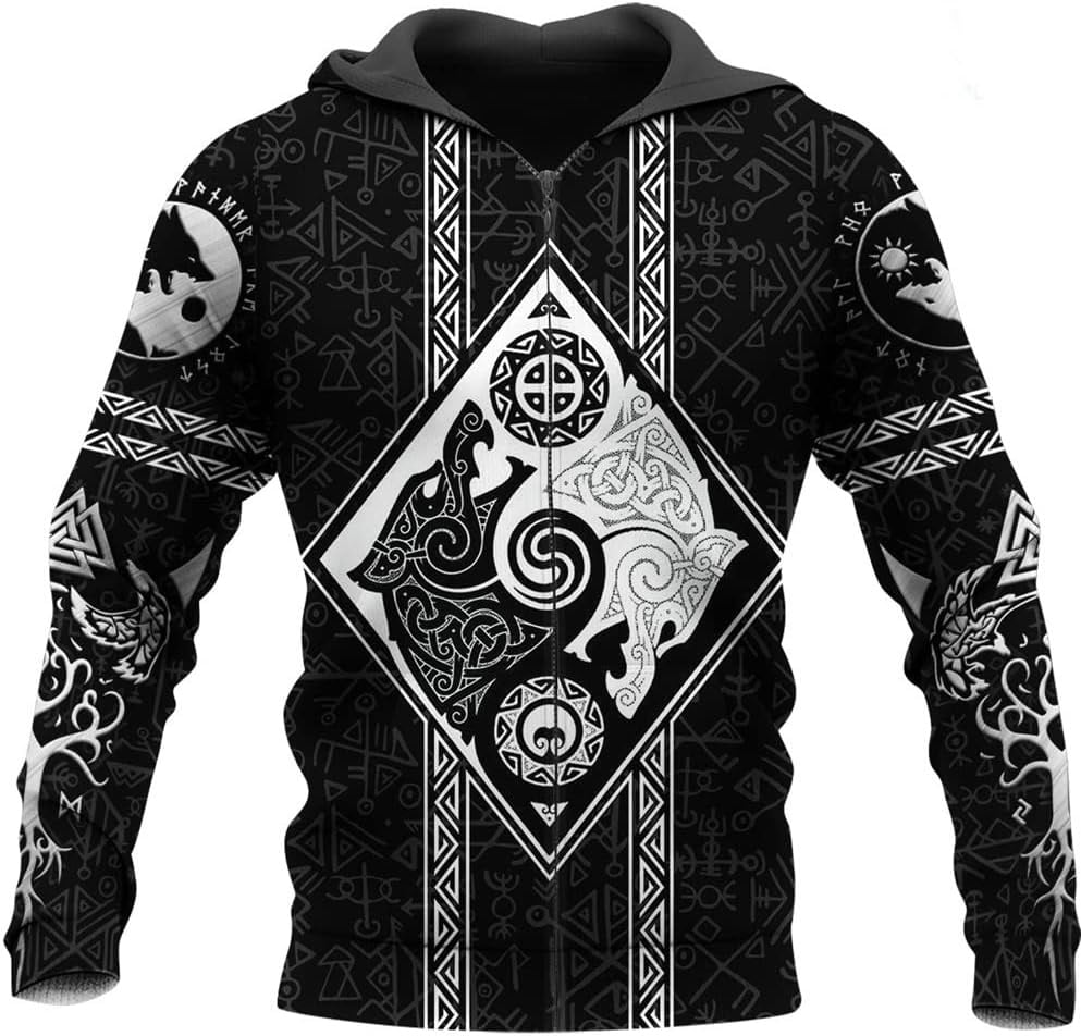 Medieval Novelty Harajuku Yin Yang Wolf Rune Crow Hoodie Norse Mythology 3D Full Body Printed ...