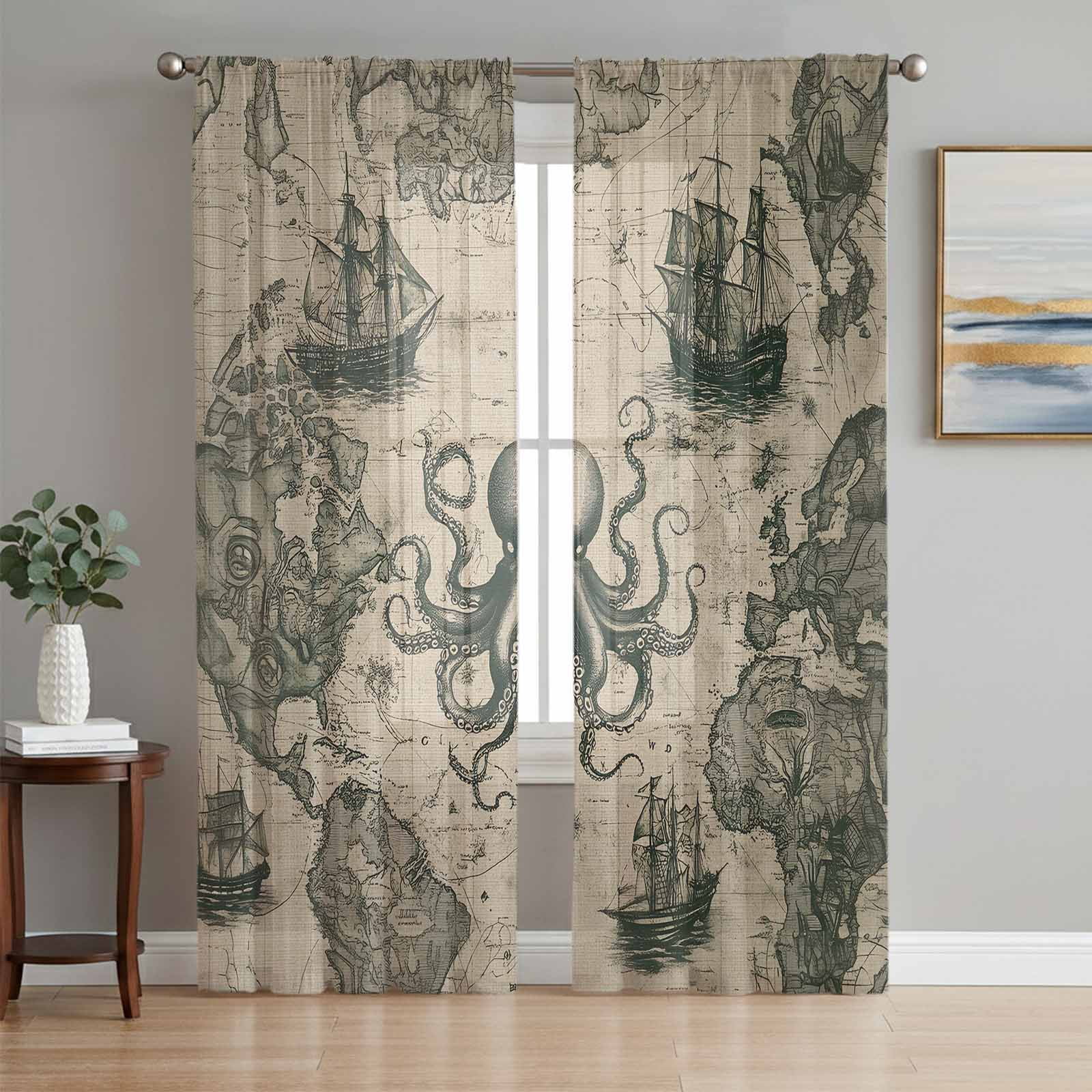 Medieval Octopus Sheer Curtains 63 Inch Length 2 Panels Set, Vintage ...