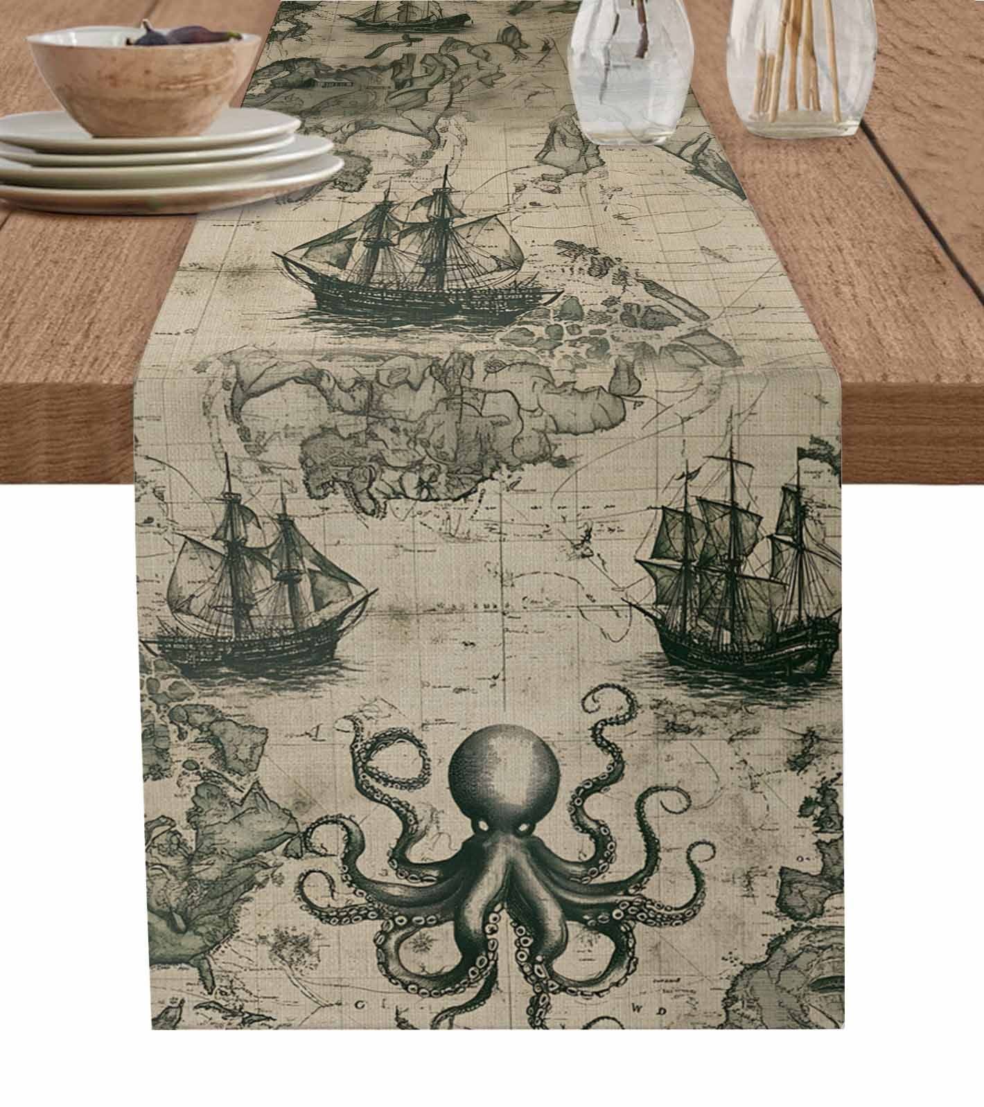 Medieval Octopus Table Runner 72 Inches, Vintage Nautical Boat Retro ...