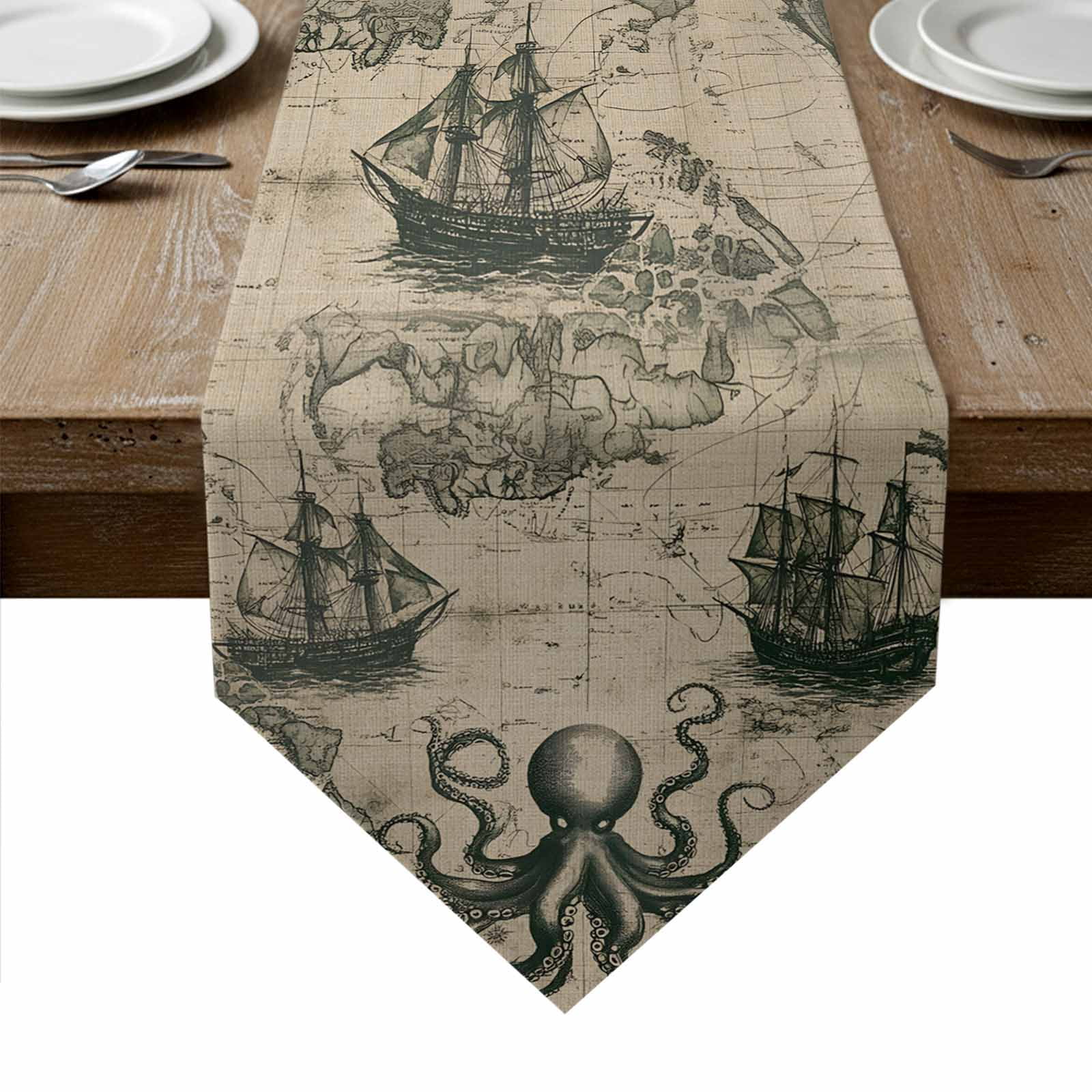 Medieval Octopus Table Runner Linen Burlap Table Runner 90 Inches Long ...