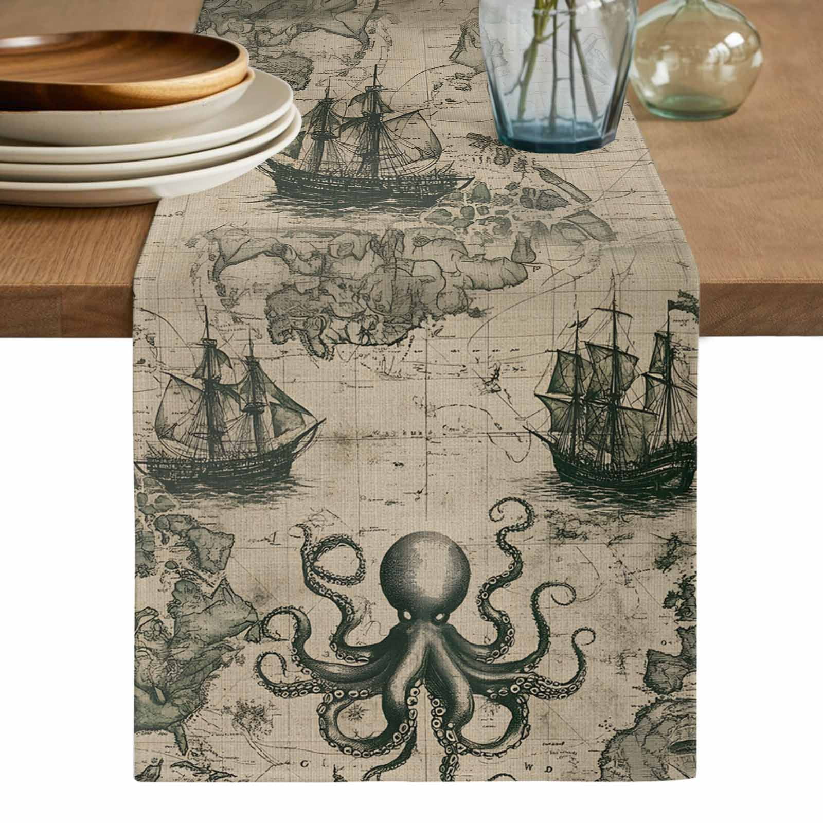 Medieval Octopus Table Runner, Vintage Nautical Boat Retro Map Washable ...
