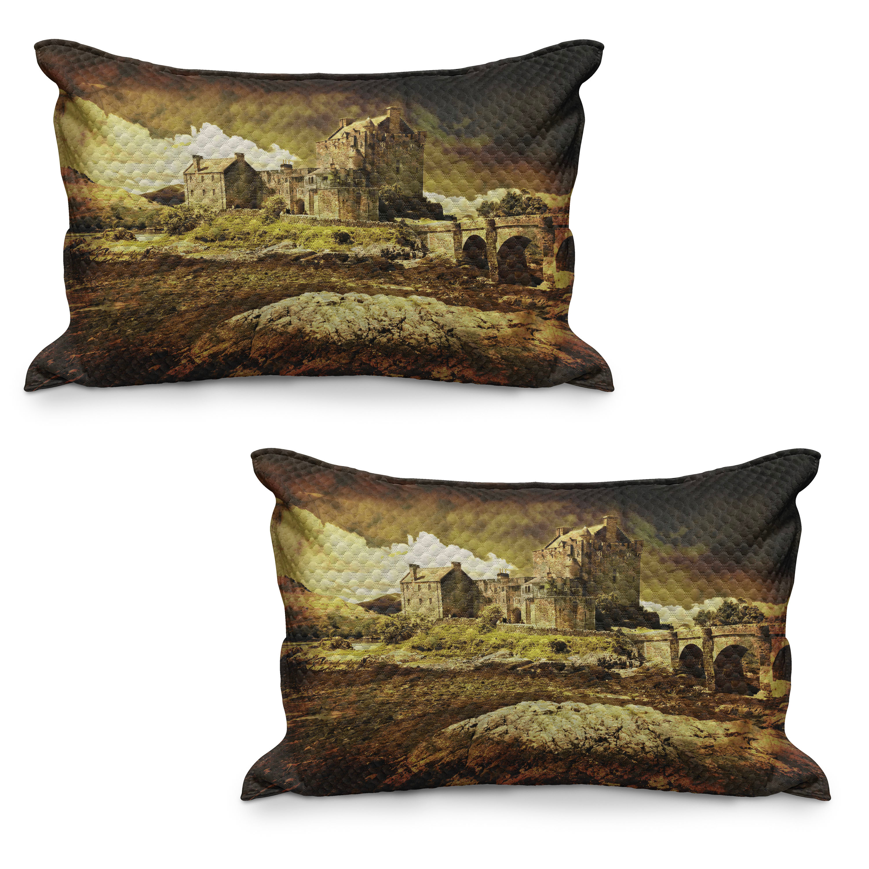 Medieval Quilted Pillowcover Set of 2, Old Scottish Castle Vintage ...