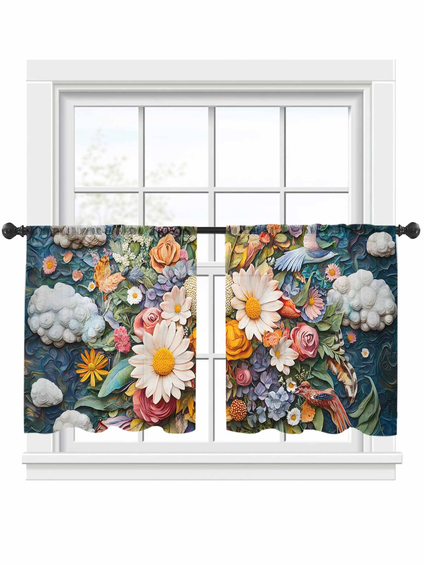 Medieval Relief Sheer Curtains 2 Panels Set Daisy Roses Sheer Window ...