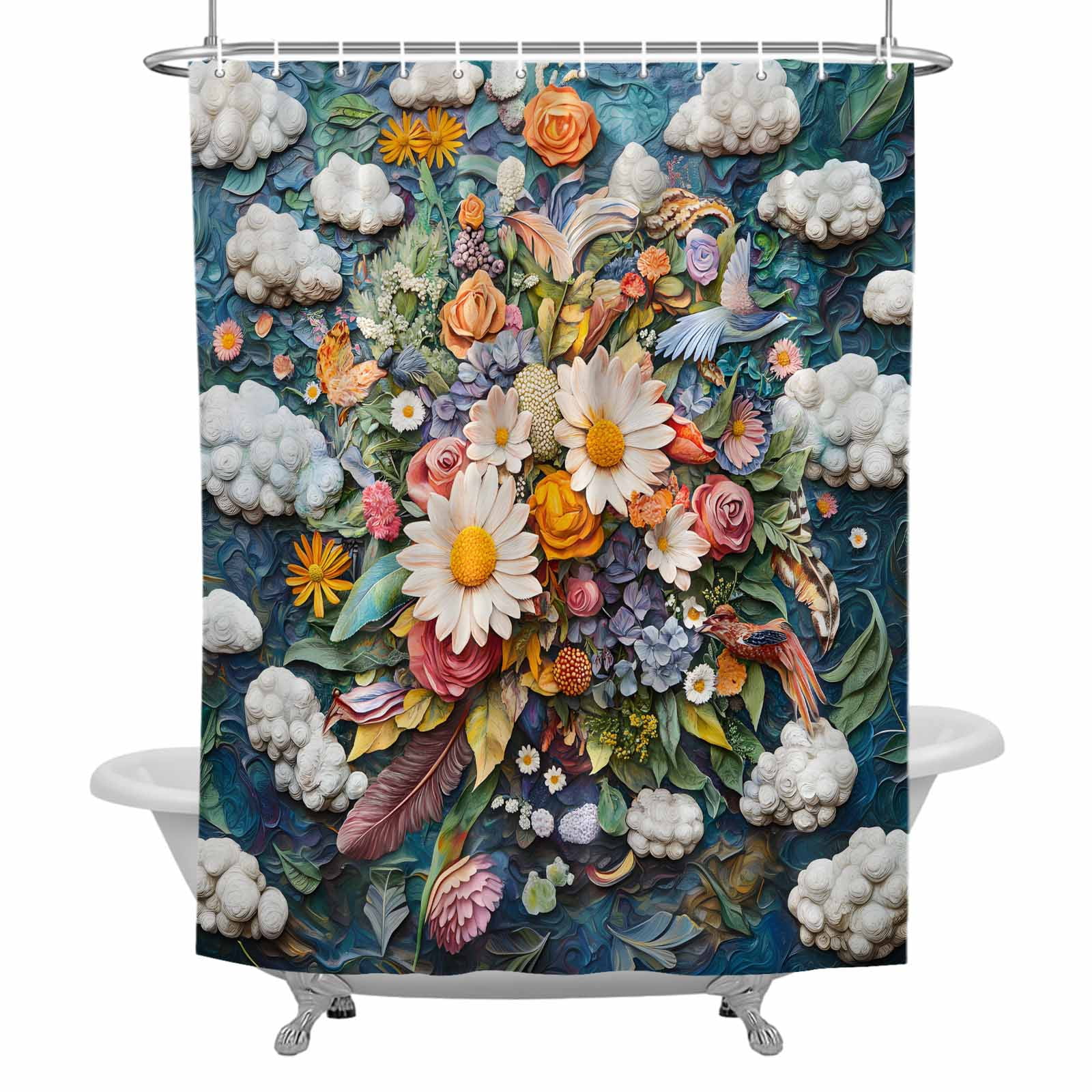 Medieval Relief Shower Curtain for Bathroom, Daisy Roses Waterproof ...