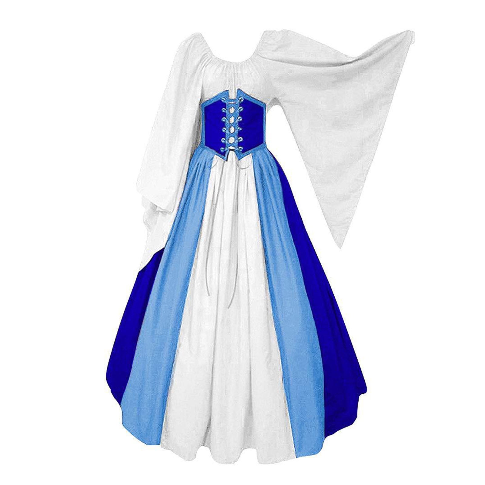 Medieval Renaissance Flared Sleeve Round Neck Drawstring Corset Pleated ...