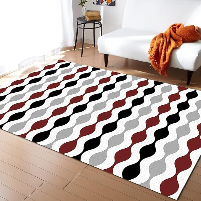 Medieval Retro Geometry Area Rug, Black Red Gray Modern Wavy Line Soft ...