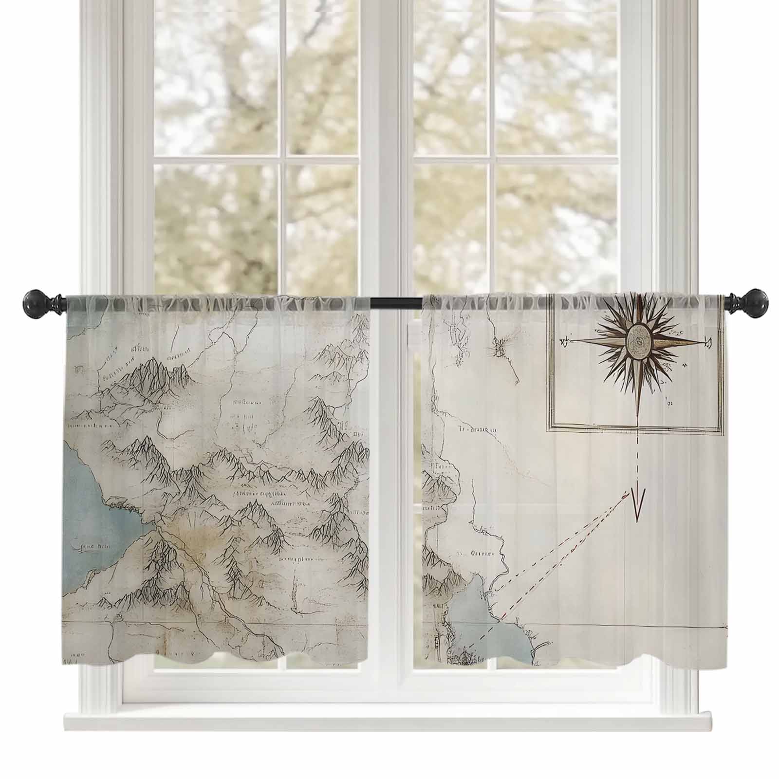Medieval Retro Map Sheer Curtains 54 inches Long, Light Filtering Sheer ...