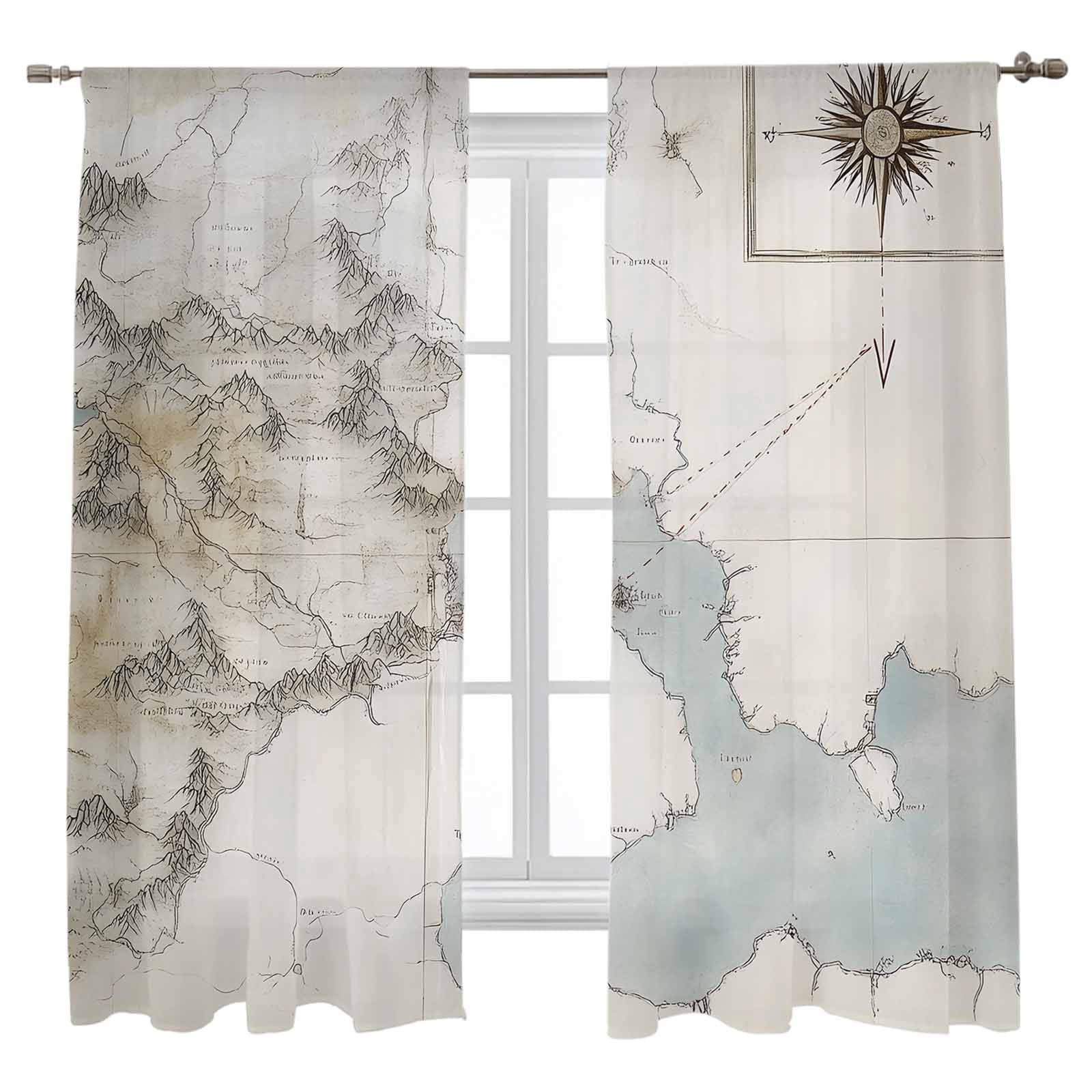 Medieval Retro Map Sheer Curtains 63 inches Long, Light Filtering Sheer ...
