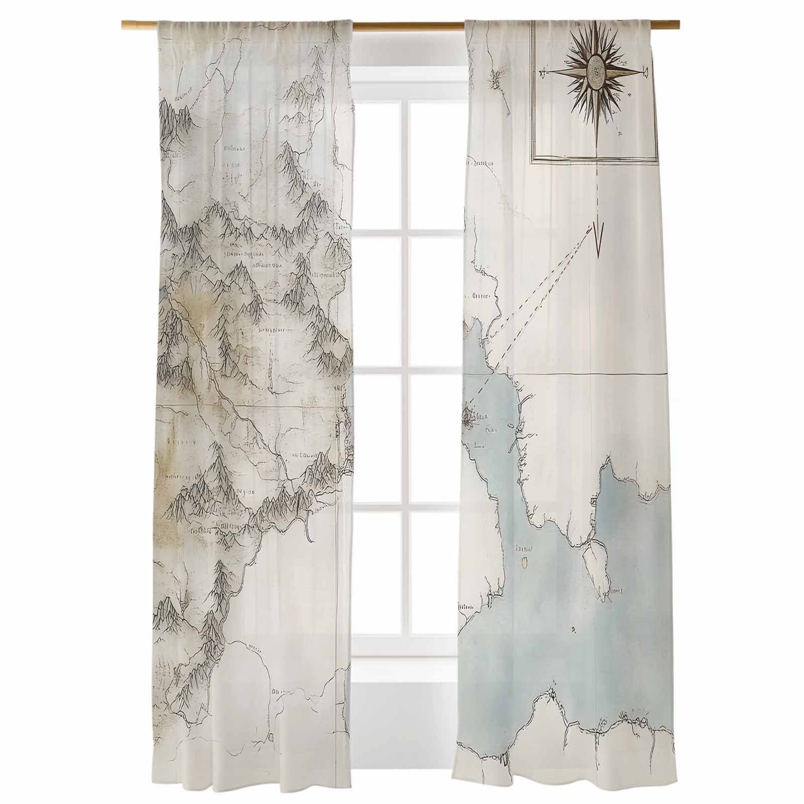 Medieval Retro Map Sheer Curtains 84 inches Long, Light Filtering Sheer ...