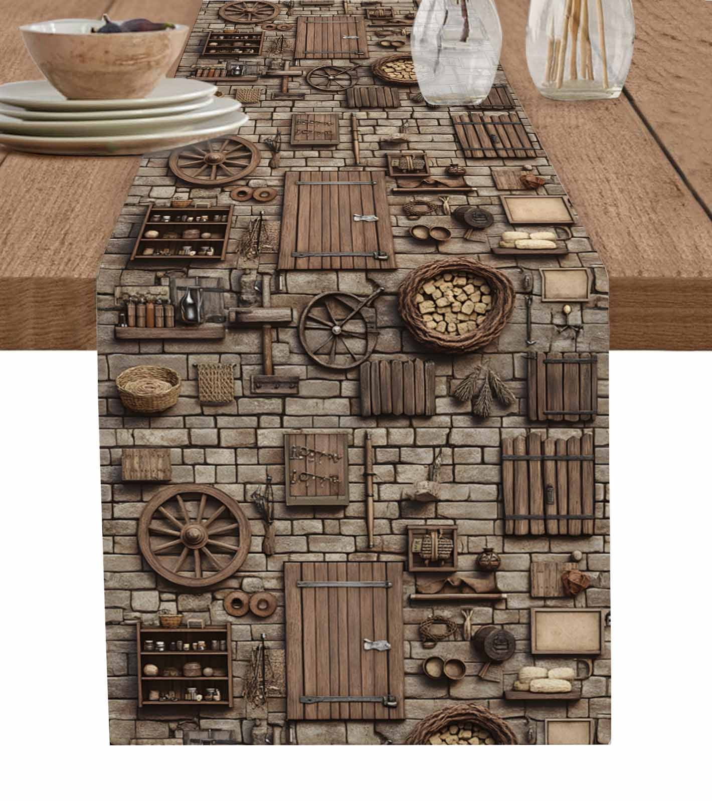 Medieval Table Runner 72 Inches, Rustic Weathered Grunge Cottage Scene ...