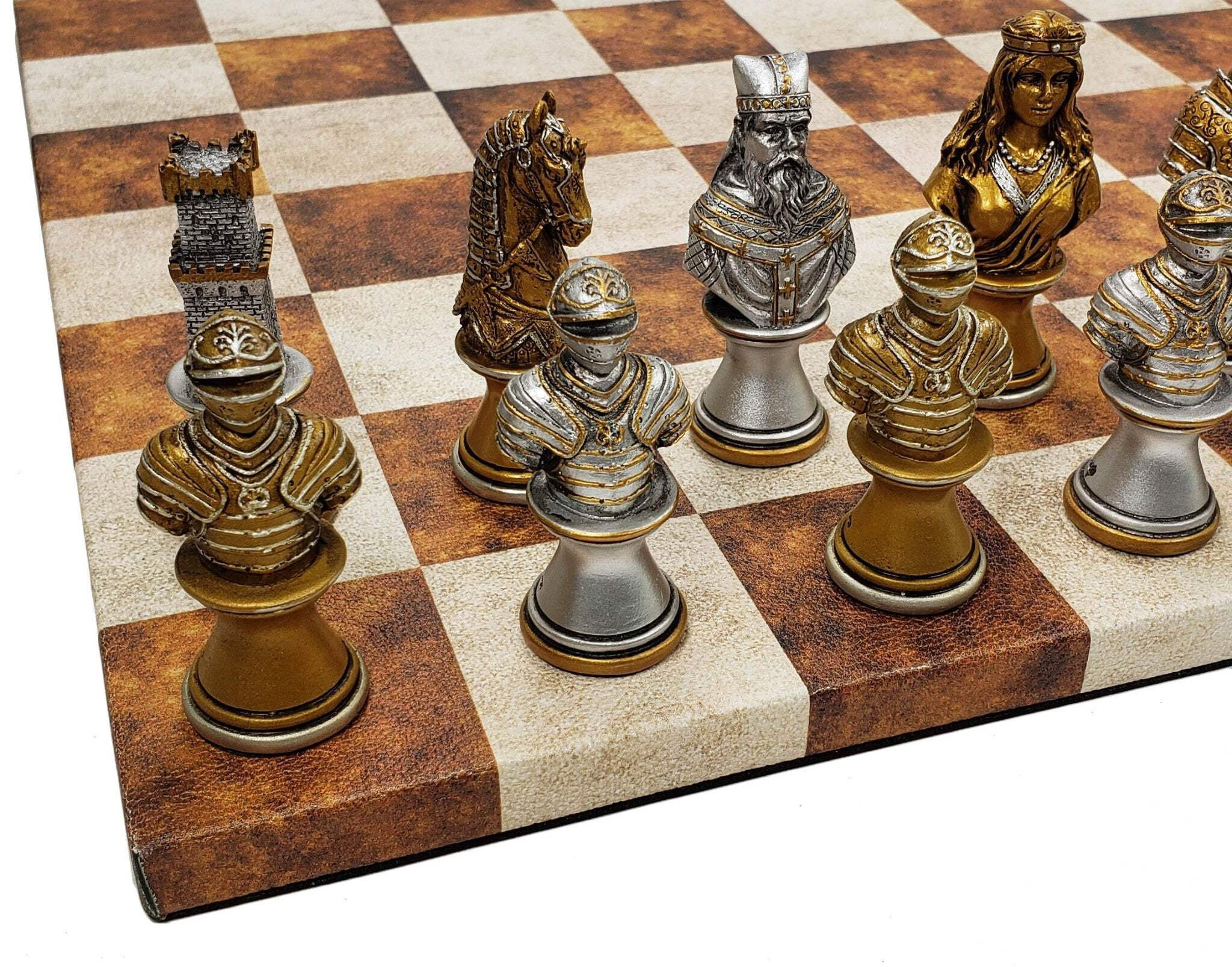 Medieval Times CRUSADE Gold Silver Busts CHESS Set w14.5 Caramel Faux ...