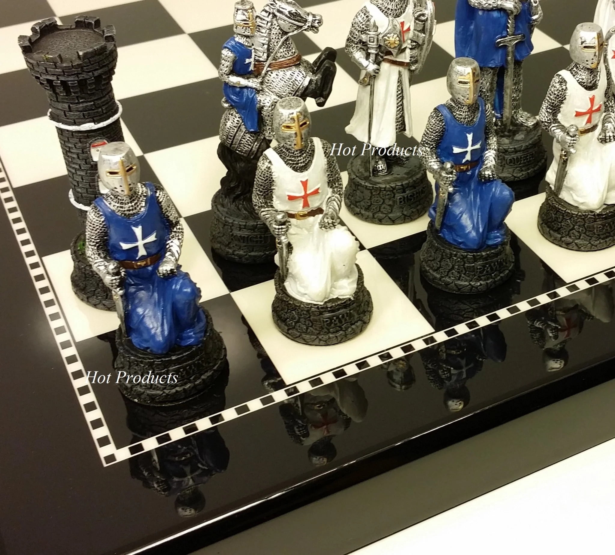 Medieval Times Crusade BLUE WHITE Maltese Knight CHESS SET 15" BLACK ...