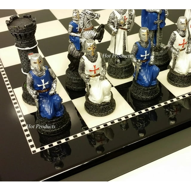Medieval Times Crusade BLUE WHITE Maltese Knight CHESS SET 15" BLACK ...